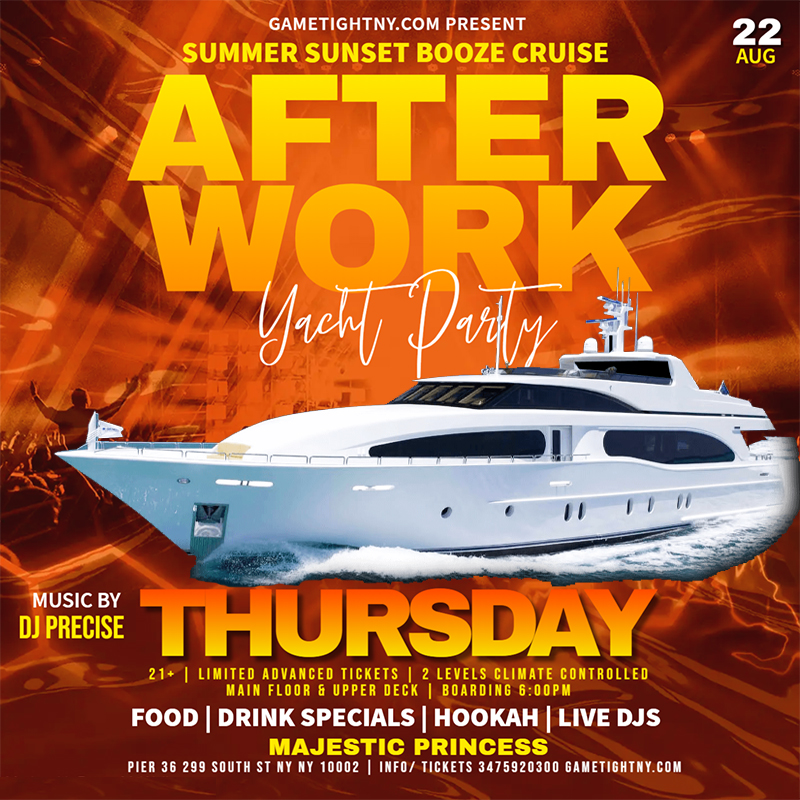 Afterwork Summer Sunset NYC Majestic Yacht Party Booze Cruise Pier 36 ...
